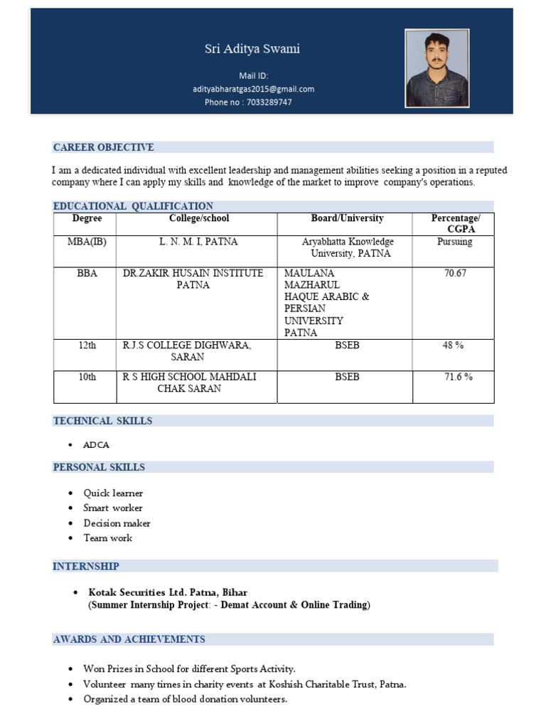 Sri Aditya Sawami MBA-IB CV | PDF