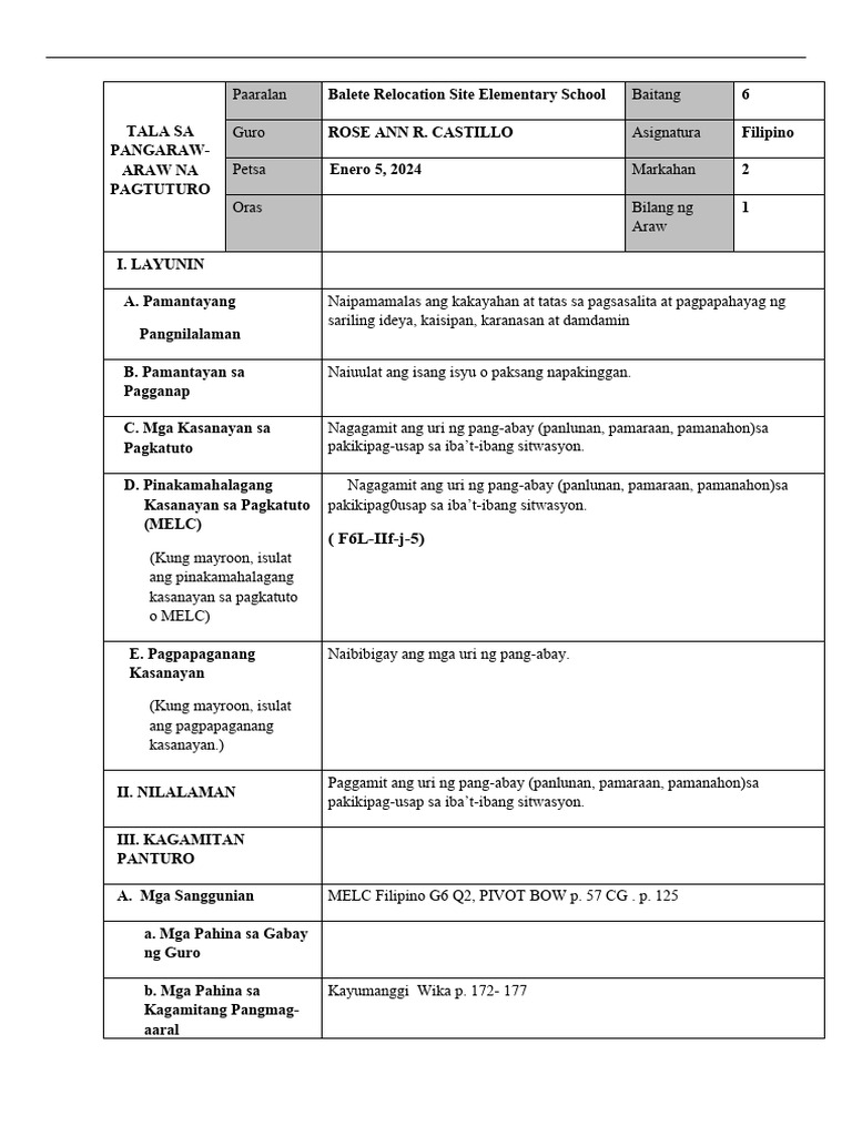 Quarter 2 Filipino 6 Week 7 Day 4 | PDF