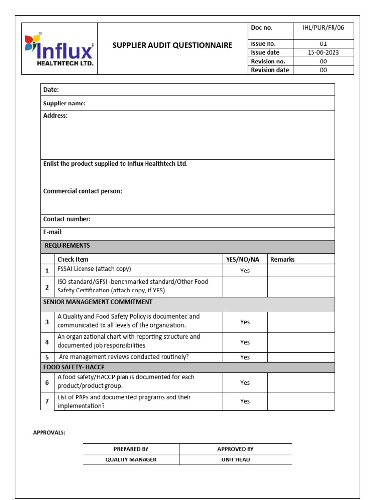 PUR 06 Supplier Audit - Questionnaire 2 | PDF | Hazard Analysis And ...