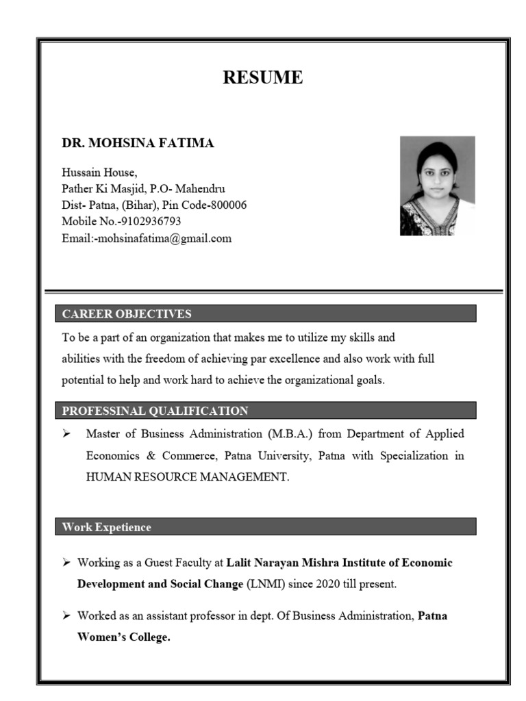 Mohsina Fatima Resume Patna Old Address | PDF | Entrepreneurship | Business