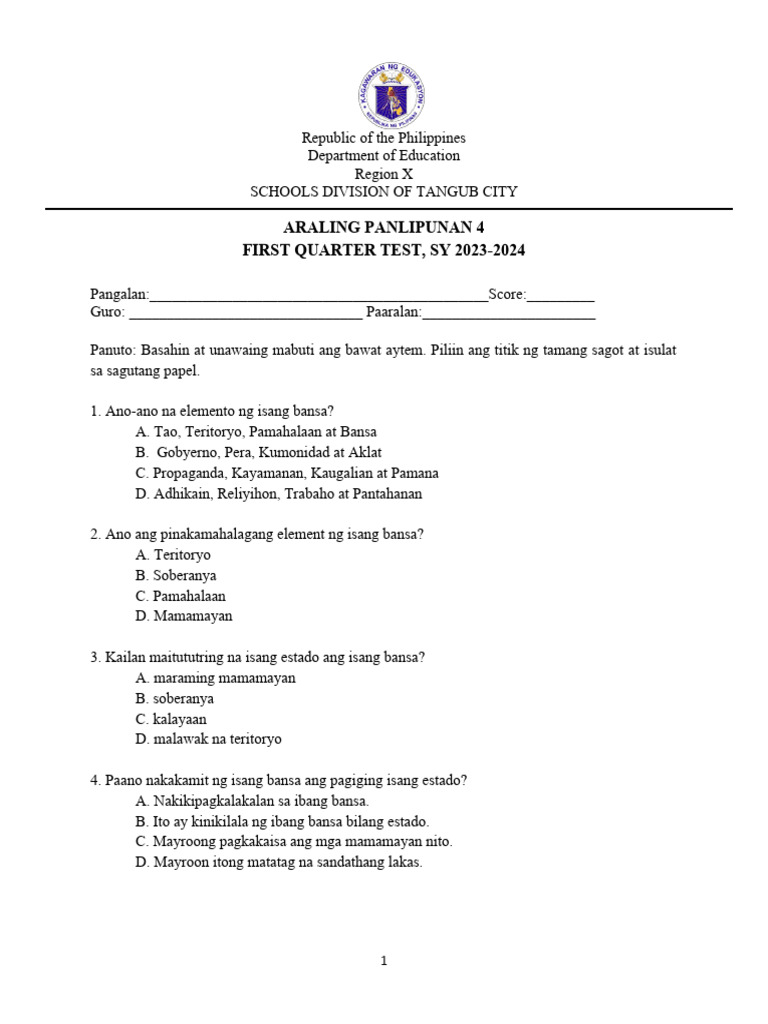 Araling Panlipunan 4 First Quarter Test, Sy 2023-2024 | PDF