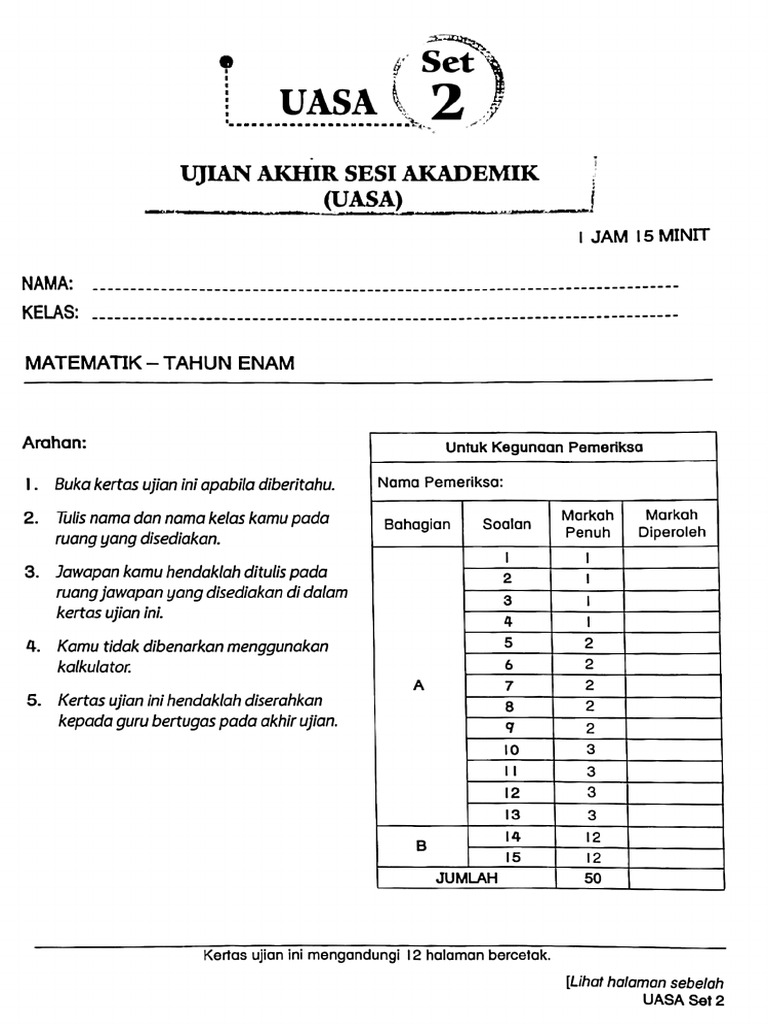 Math Tahun 6 UASA Set 2 | PDF
