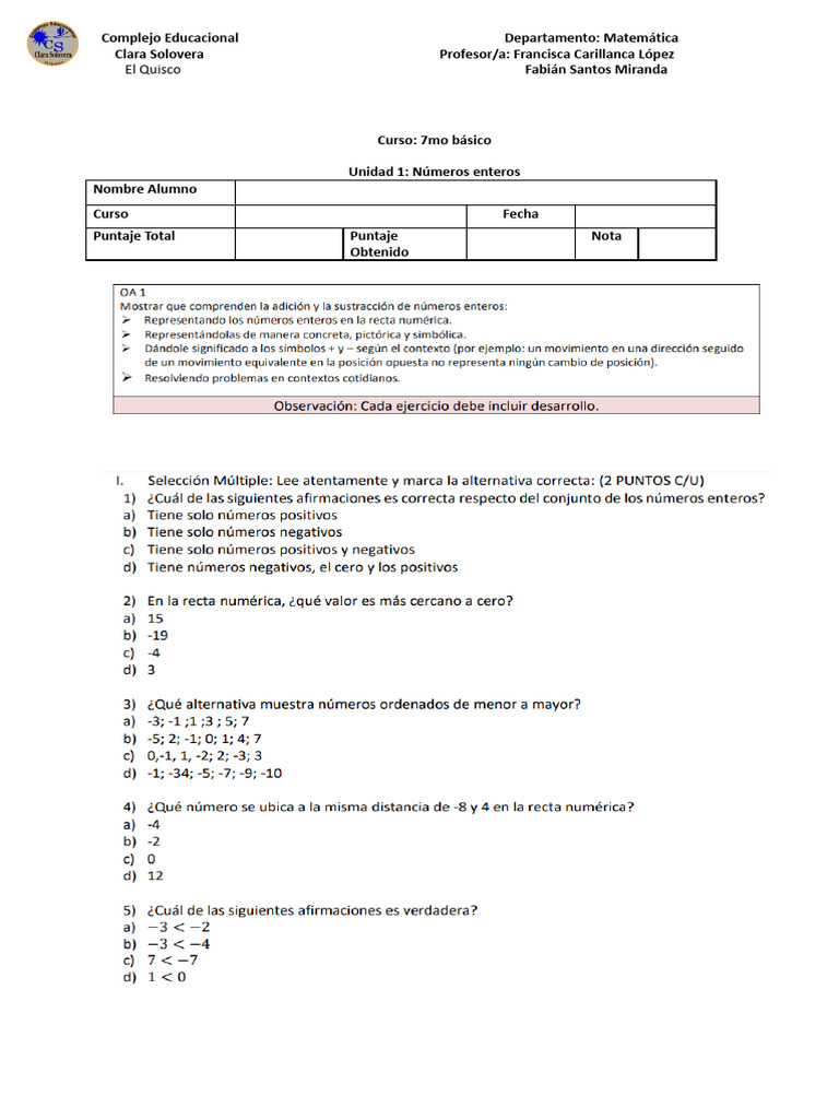 Matemática 7mo: Números Enteros | PDF