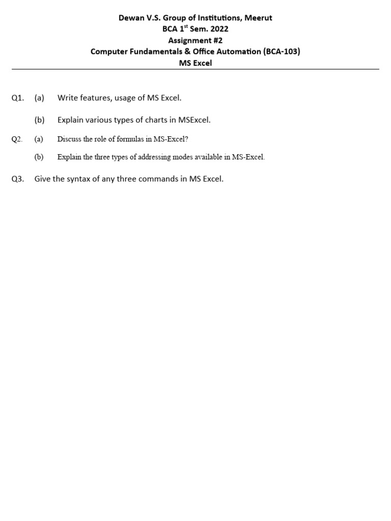 BCA 103 Assignment #2 (MS Excel) - 1 | PDF | Teaching Methods & Materials