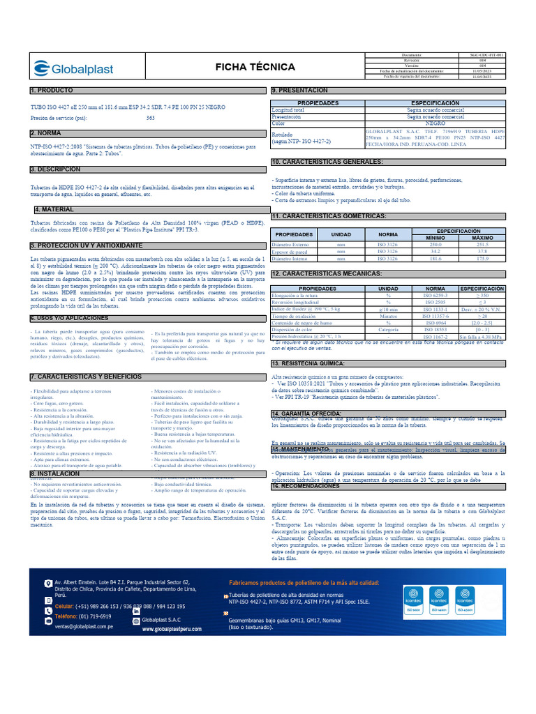 Ficha Tecnica Tuberia SDR 7.4 Diamentro 250 MM | PDF