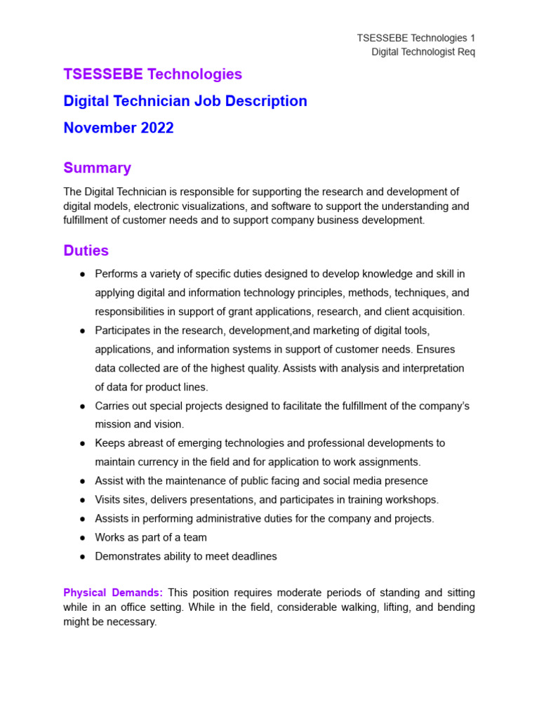 Digital Technician Job Description | PDF | Analysis | Business
