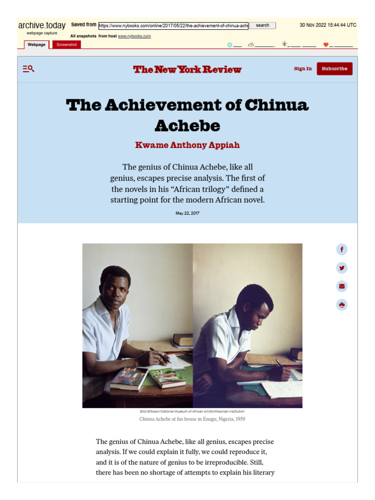 The Achievement of Chinua Achebe - Kwame Anthony Appiah - The New York ...