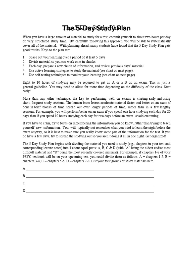 5-Day Study Plan for Exam Success | PDF