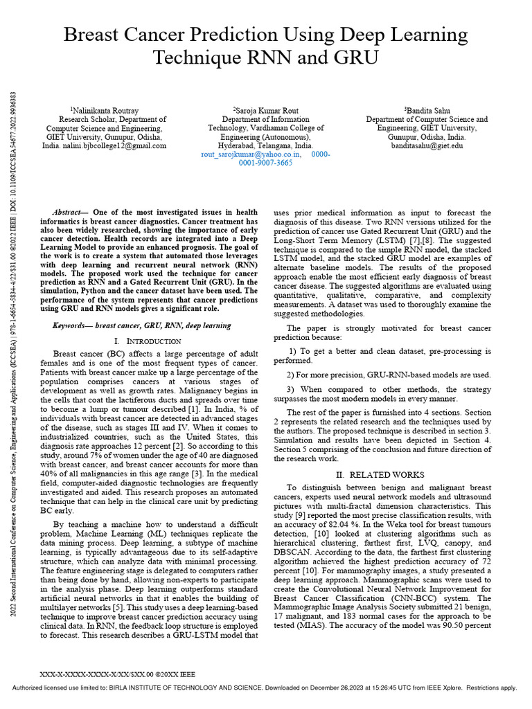 Breast Cancer Prediction Using Deep Learning Technique Rnn And Gru Pdf Deep Learning 