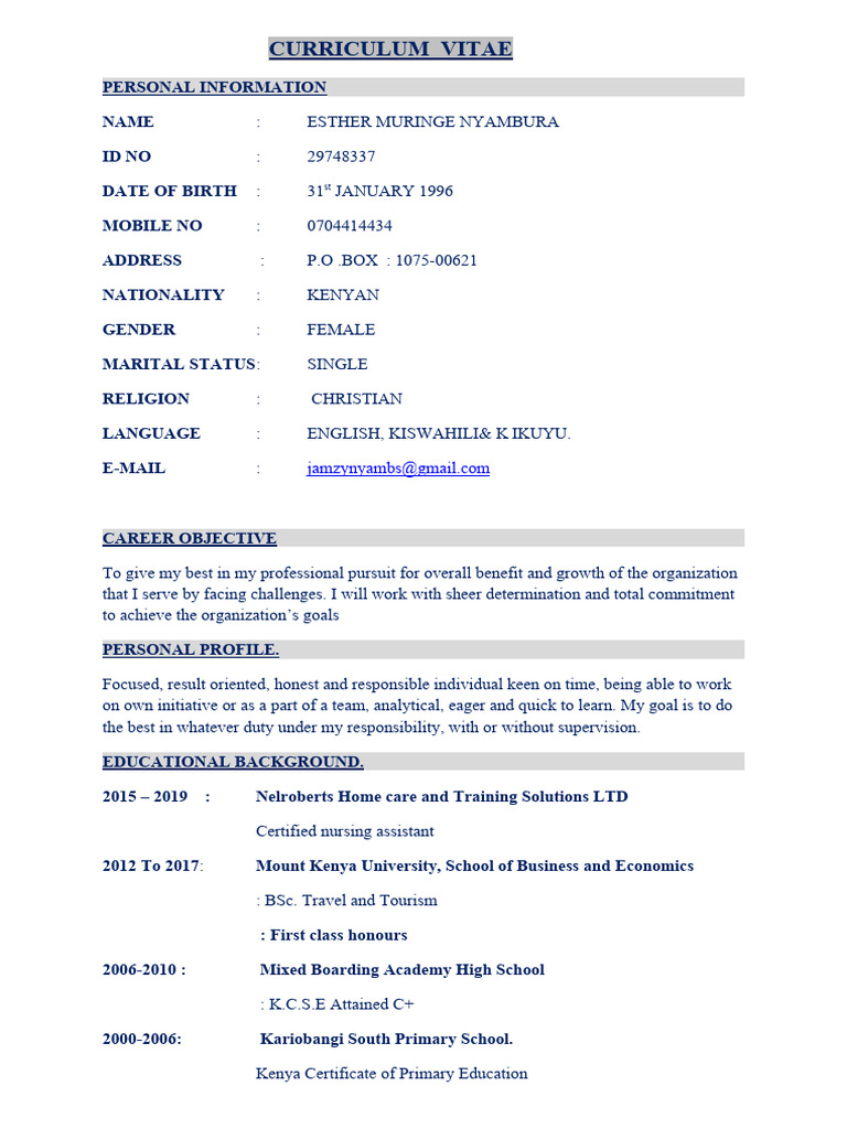 Jumuia Hospital Huruma CV: Esther Nyambura | PDF | Social Science ...