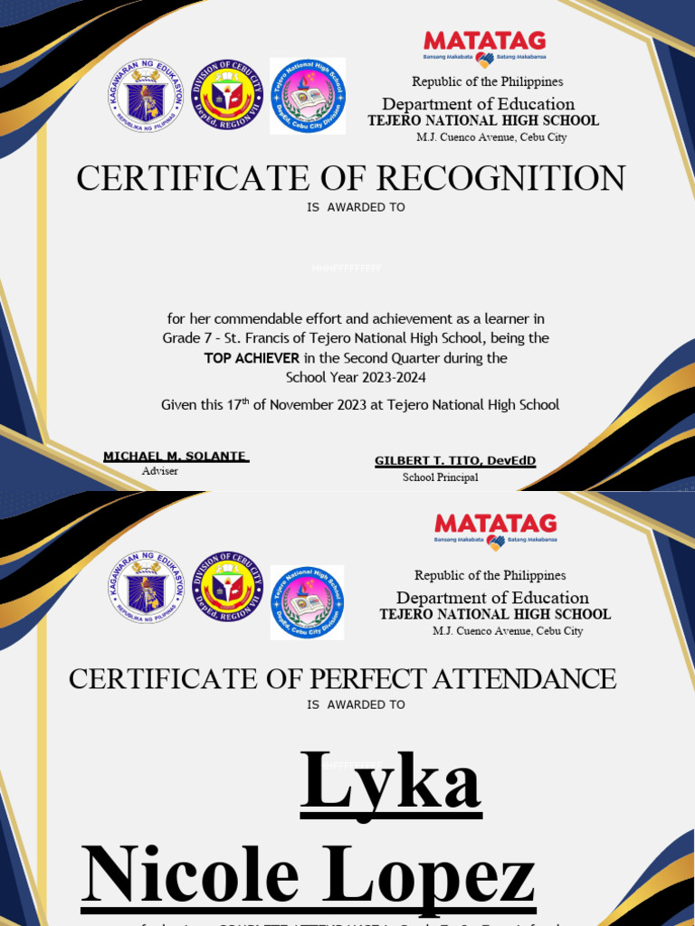 Certificate of Recognition and Perfect Attendance | PDF