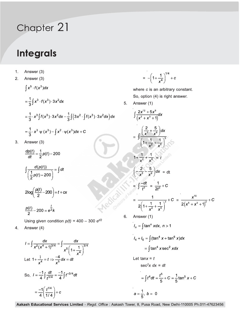 M Sol Ch-21 Integrals | PDF