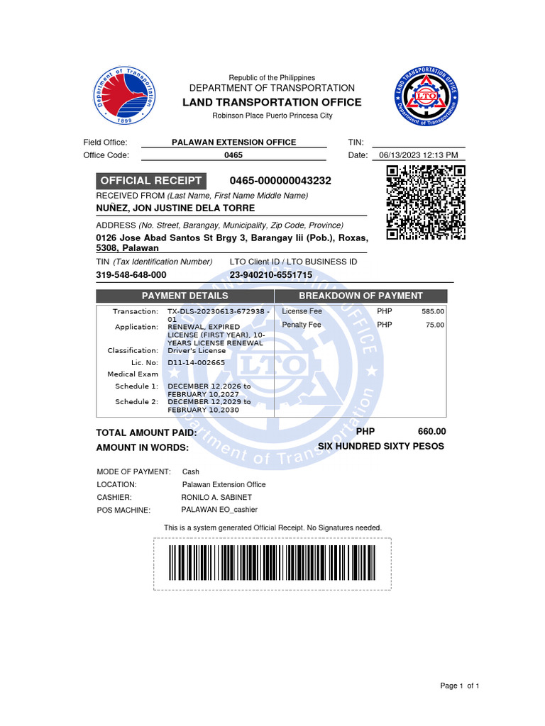 Official Receipt: Land Transportation Office | PDF