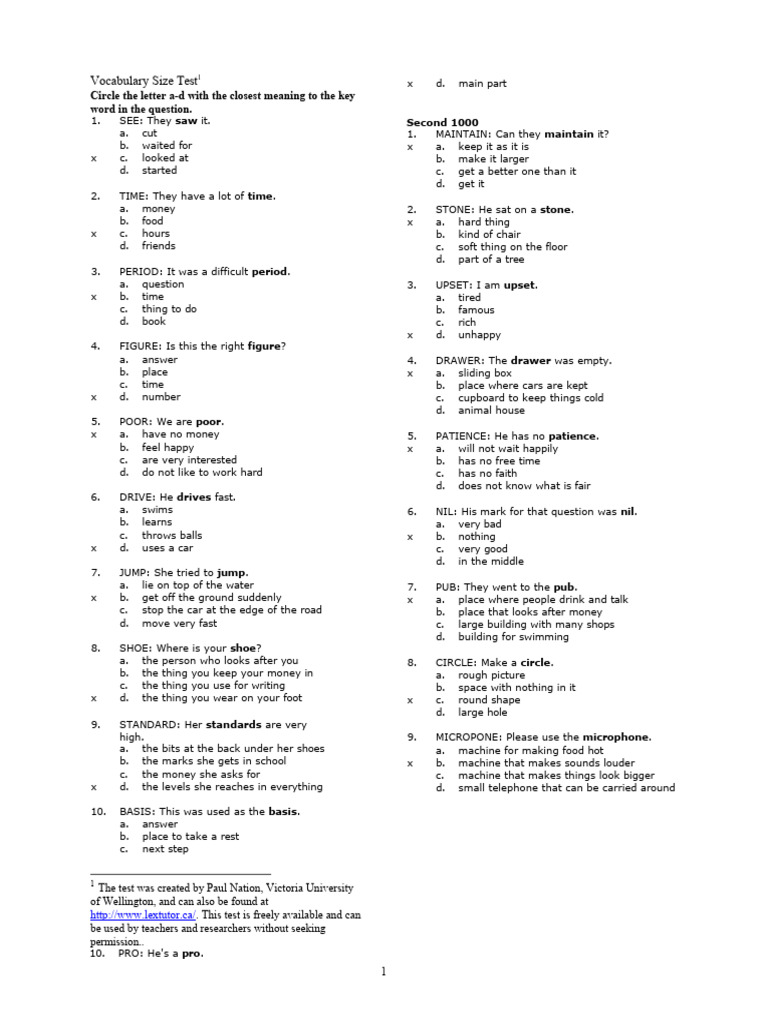 Fourteen-Thousand-Vocabulary-Size-Test-Answers (1) (1) ESL | PDF