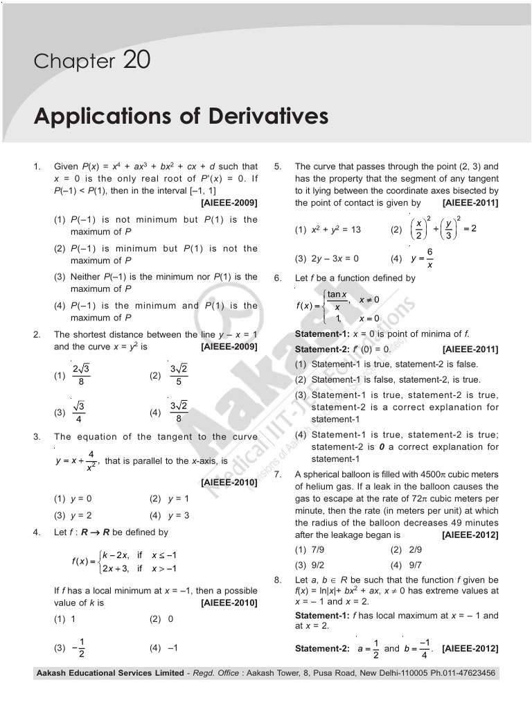 M Ch-20 Application of Derivatives | PDF | Sphere | Tangent