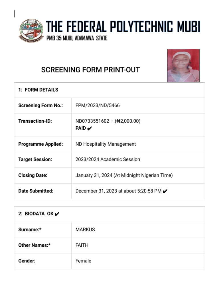 FAITH MARKUS Eforms Print-Out Federal Poly, Mubi | PDF | Qualifications ...