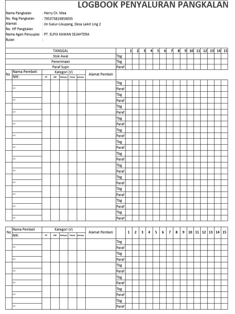 Form Logbook Pangkalan LPG 3Kg - 2024 Pangkalan Herry Ch. Mea - 085227 ...