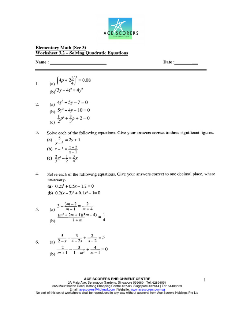 Worksheet 3.2 - Solving Quadratic Equations | PDF