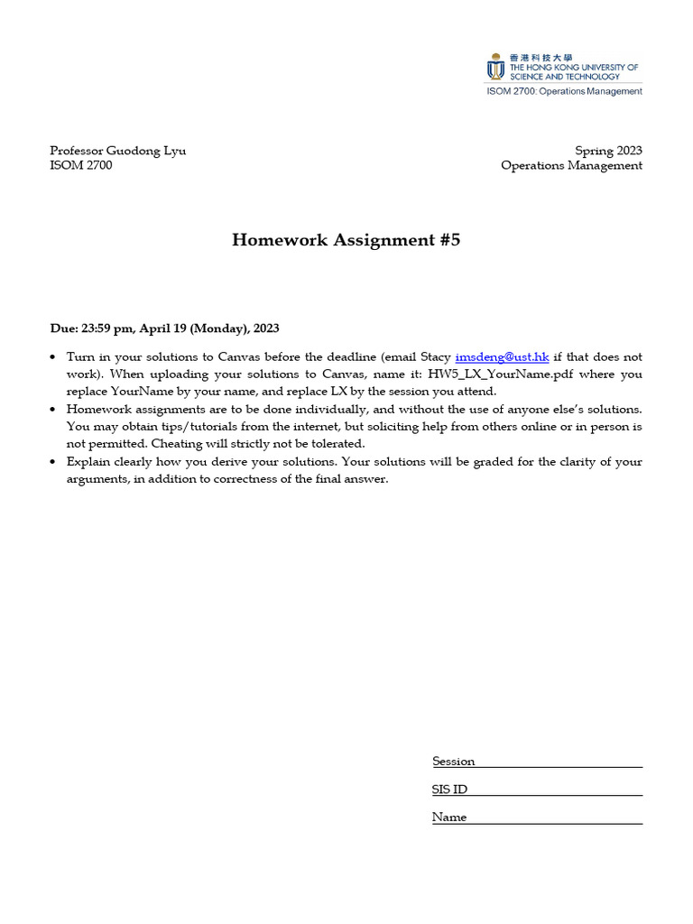 HW5 - ISOM2700 - L5L6 (Solution) | PDF | Applied Mathematics