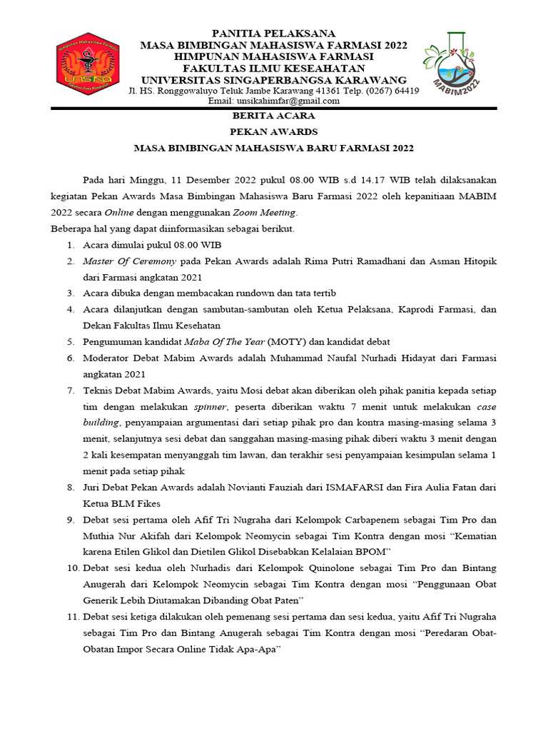 Berita Acara Awards - MABIM - HIMFAR | PDF
