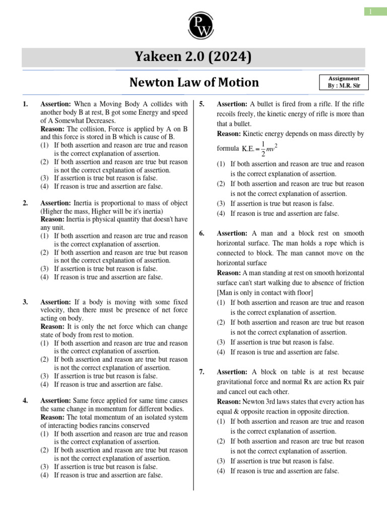 A & R Newton Law of Motion Physics Yakeen 2-0-2024 MR Sir Ram Kishan | PDF