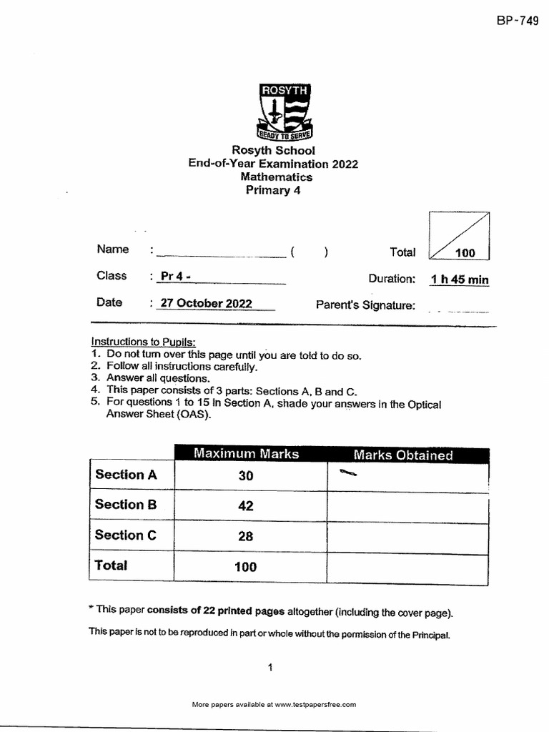 2022 p4 Math Sa2 Rosyth | PDF | Language Arts & Discipline