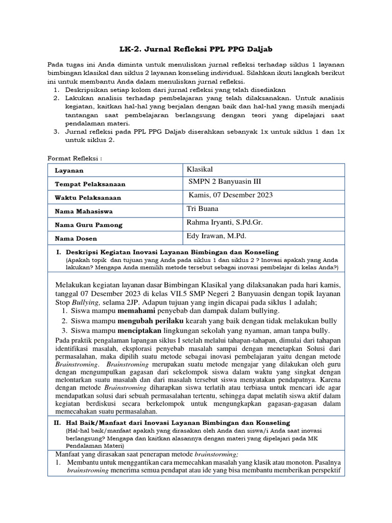 LK-2. Jurnal Refleksi PPL PPG Daljab - Tri Buana | PDF | Karier ...