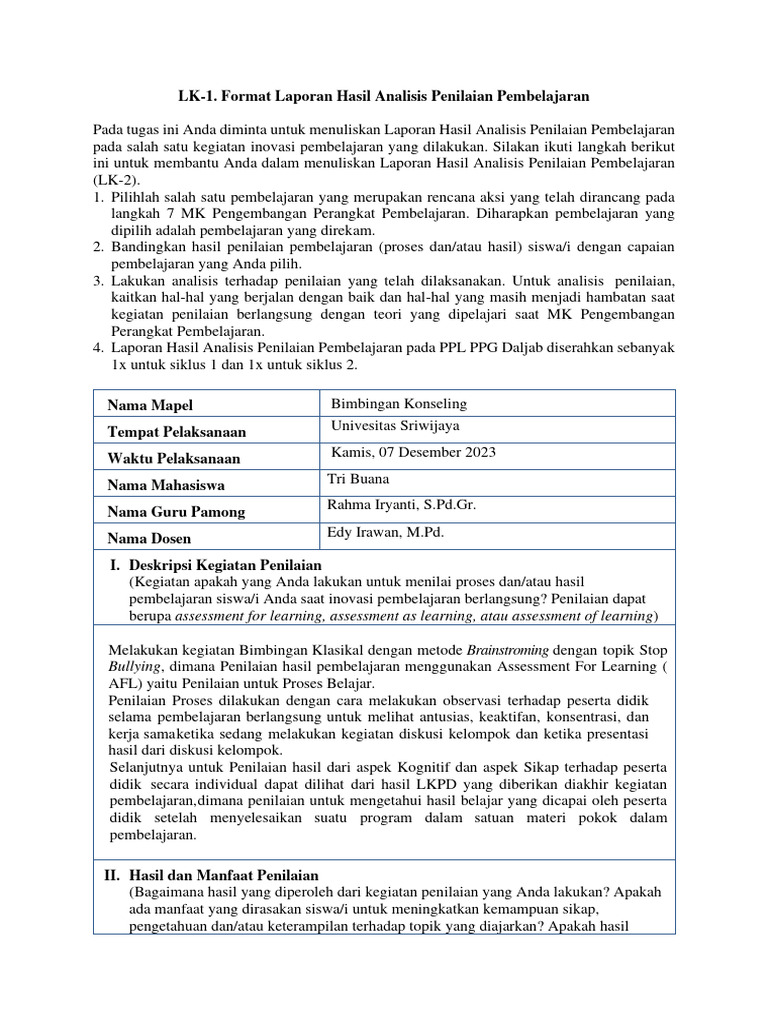 LK-1. Format Laporan Hasil Analisis Penilaian Pembelajaran - Tri Buana | PDF