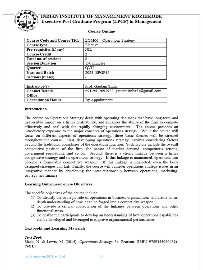 Operations Strategy Course Outline | PDF
