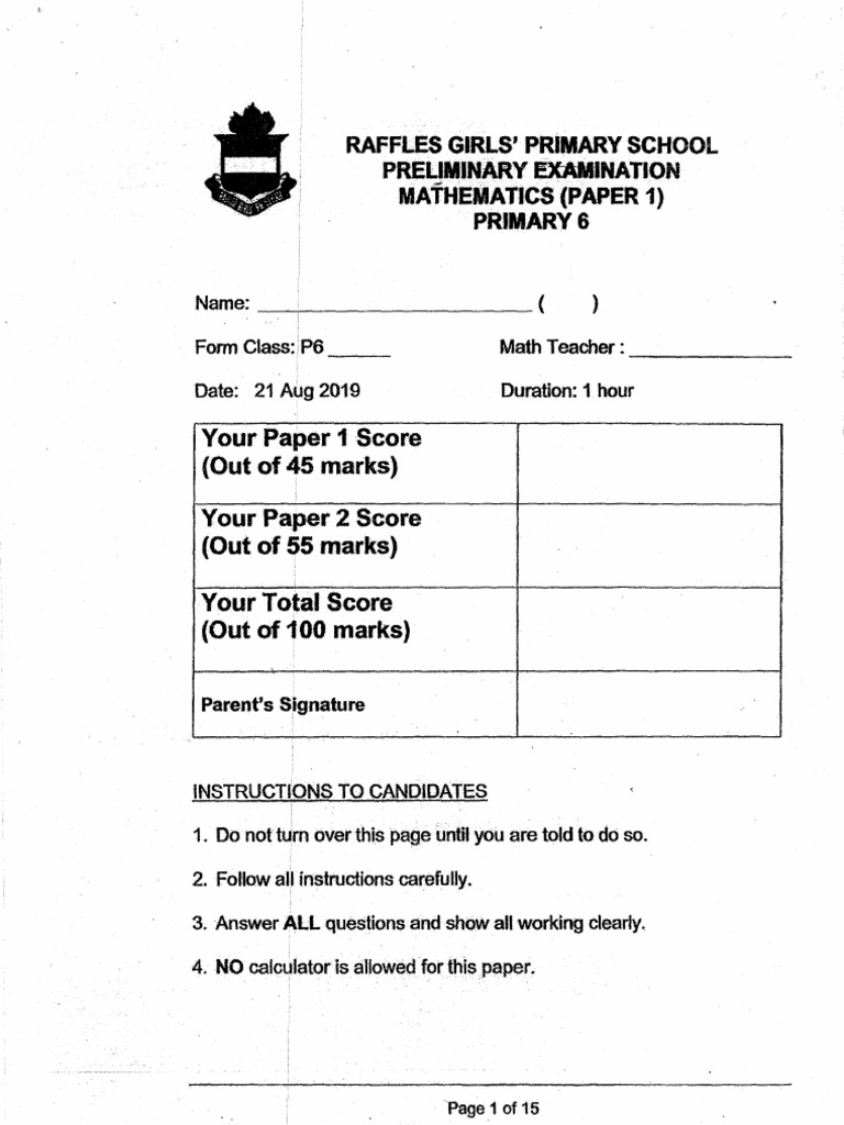 P6 Maths SA2 2019 Raffles Exam Papers | PDF
