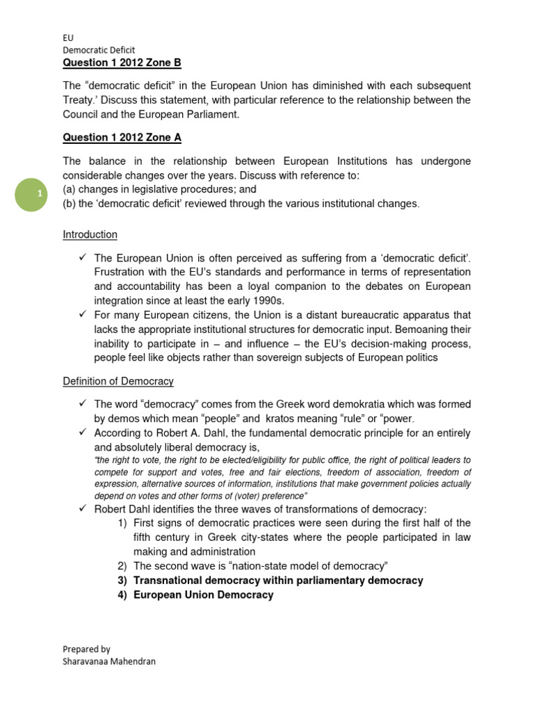 Democratic Deficit Question Pdf European Union European Parliament