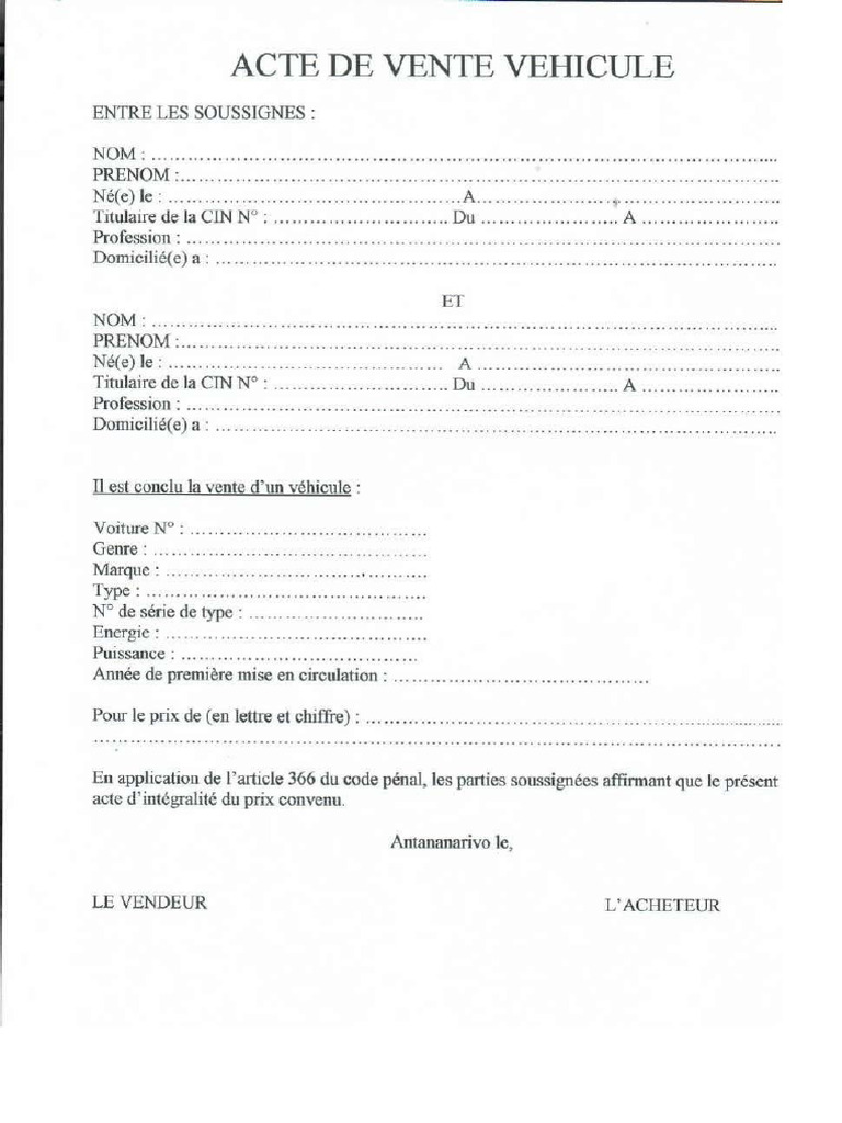 Acte de Vente Vehicule | PDF