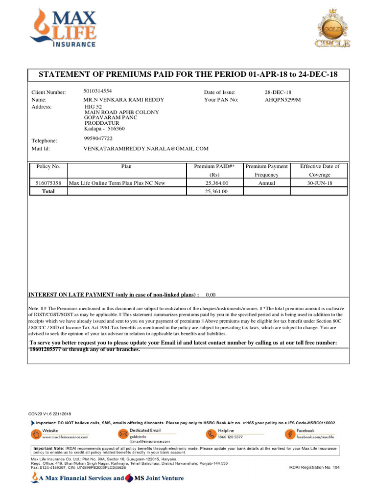 Premium Statement: Apr-Dec 2018 | PDF