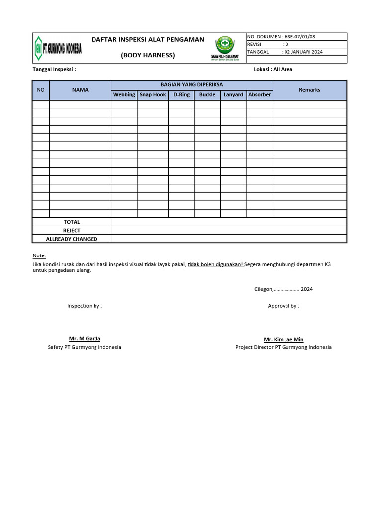 Form Inspeksi FBH | PDF