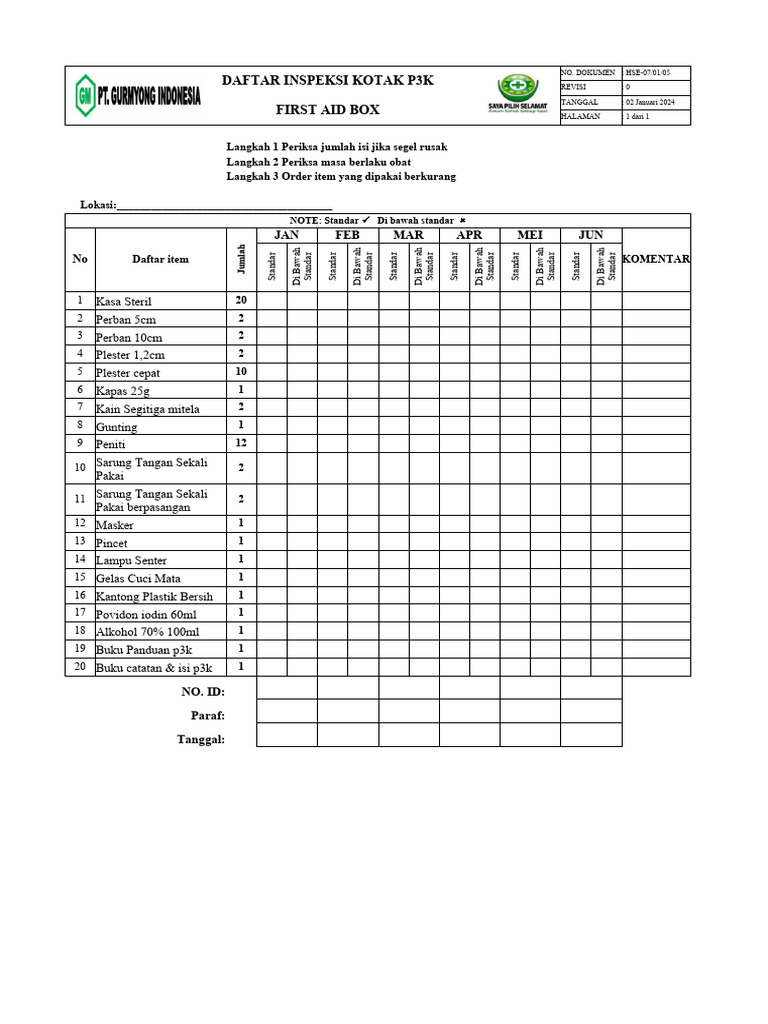 Form Inspeksi Kotak P3K | PDF