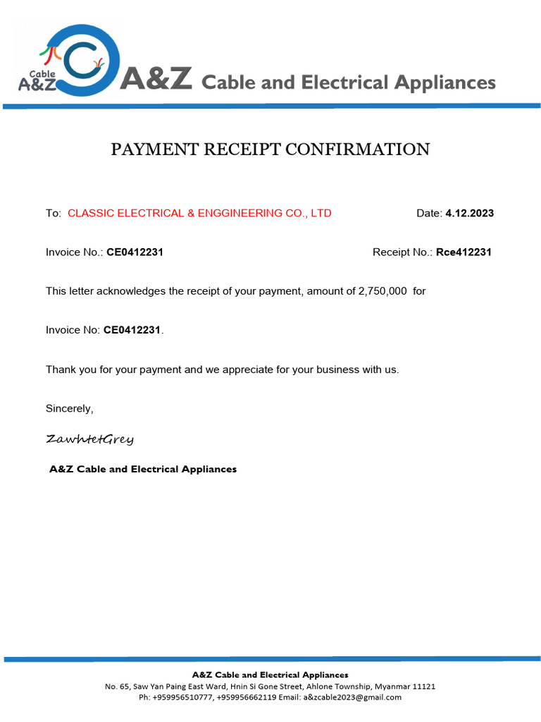 A&Z payment receipt for Classic | PDF