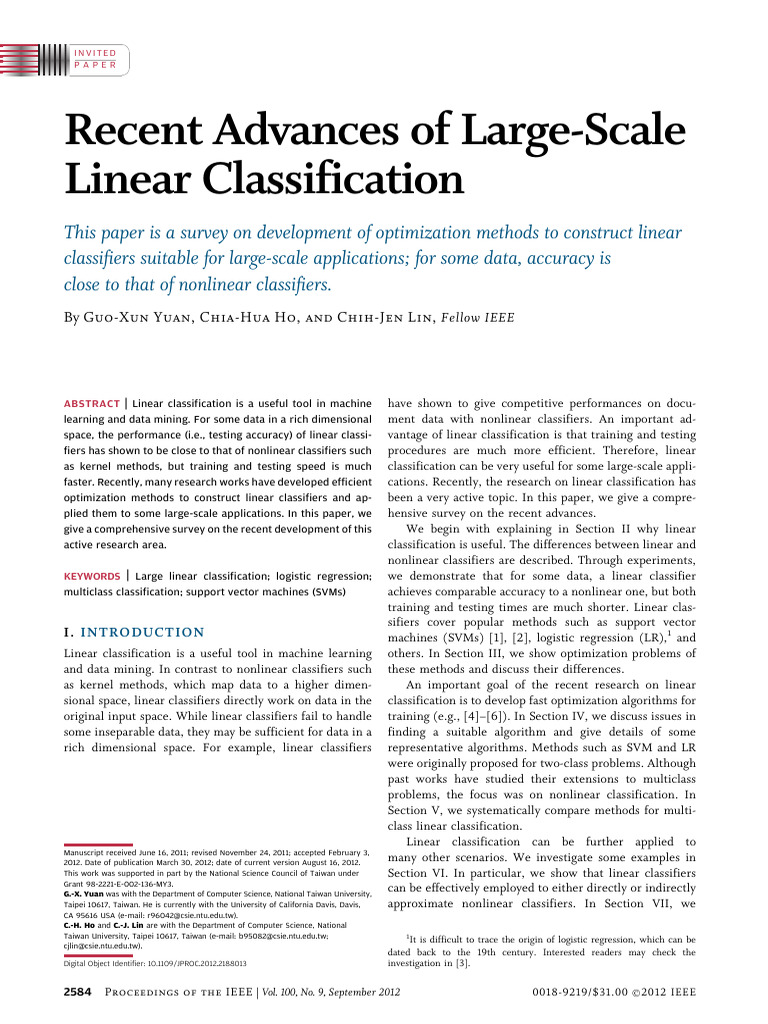 1、recent Advances Of Large Scale Linear Classification Pdf Support Vector Machine