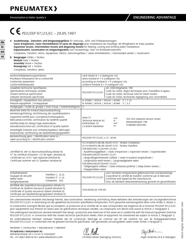 Pneumatex, Statico - Decl of Conf Statico CE PED Vessels en de FR NL | PDF