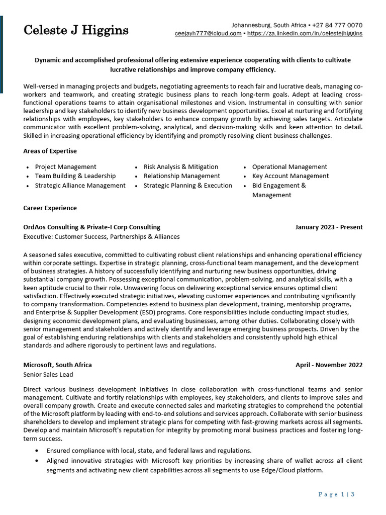 Celeste J Higgins CV 2023 Main December | PDF | Sales | Strategic Management