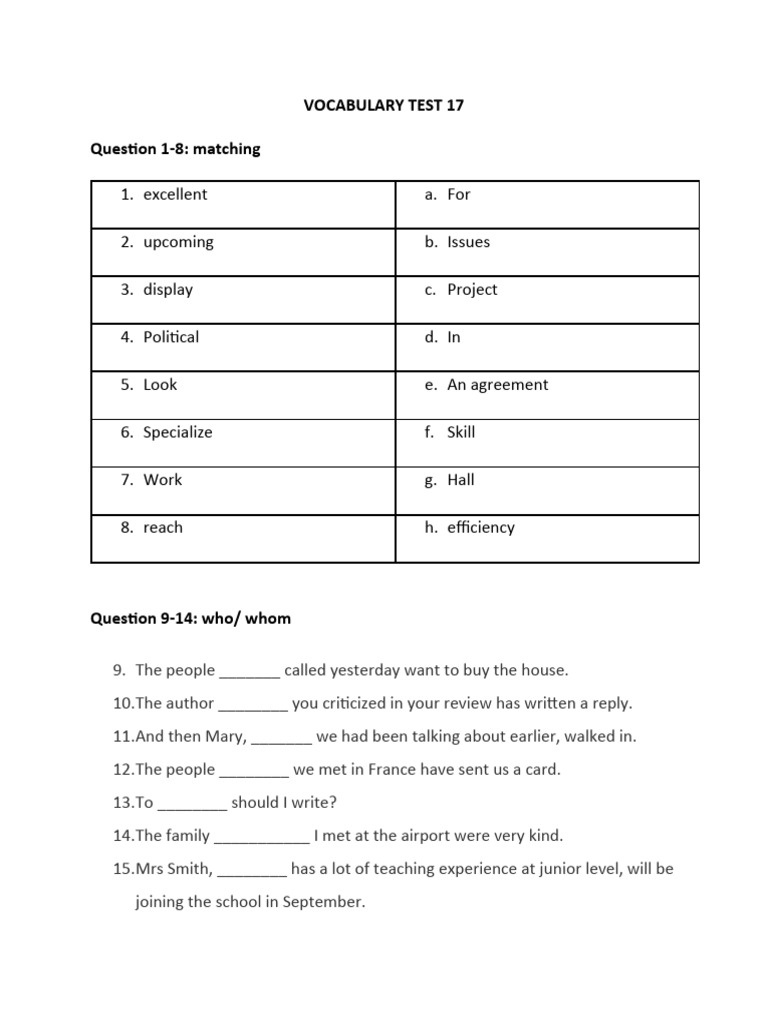 Vocab Test 17 - Reading 10 | PDF