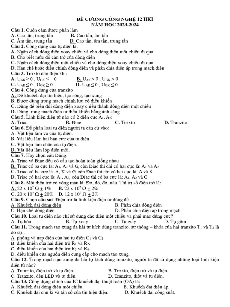 Đề Cương CN12 HKI Năm Học 2023-2024 | PDF