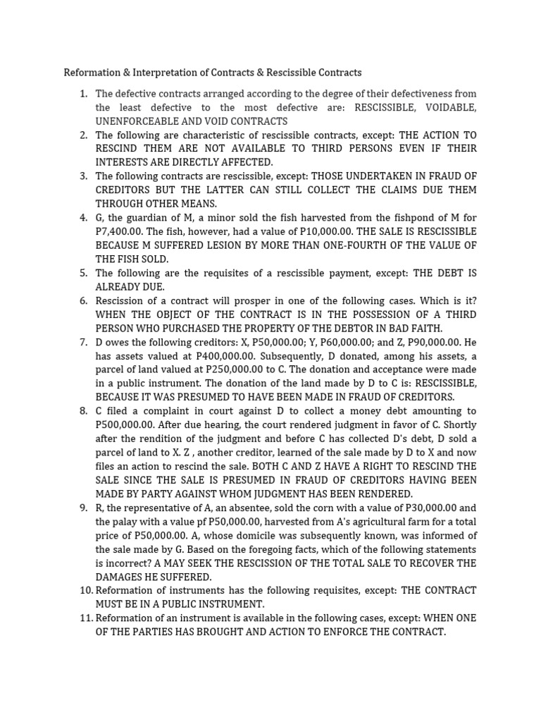 BLT Reformation Interpretation of Contracts Rescissible Contracts | PDF