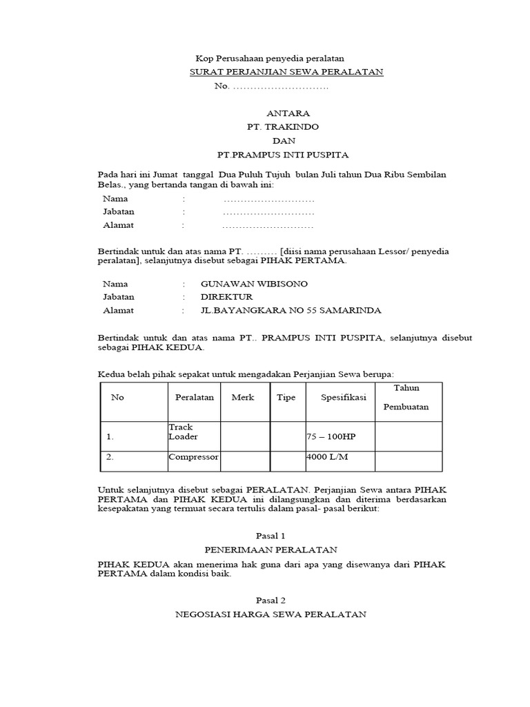 BENTUK SURAT PERJANJIAN SEWA PERALATAN - Trackindo Prampus | PDF