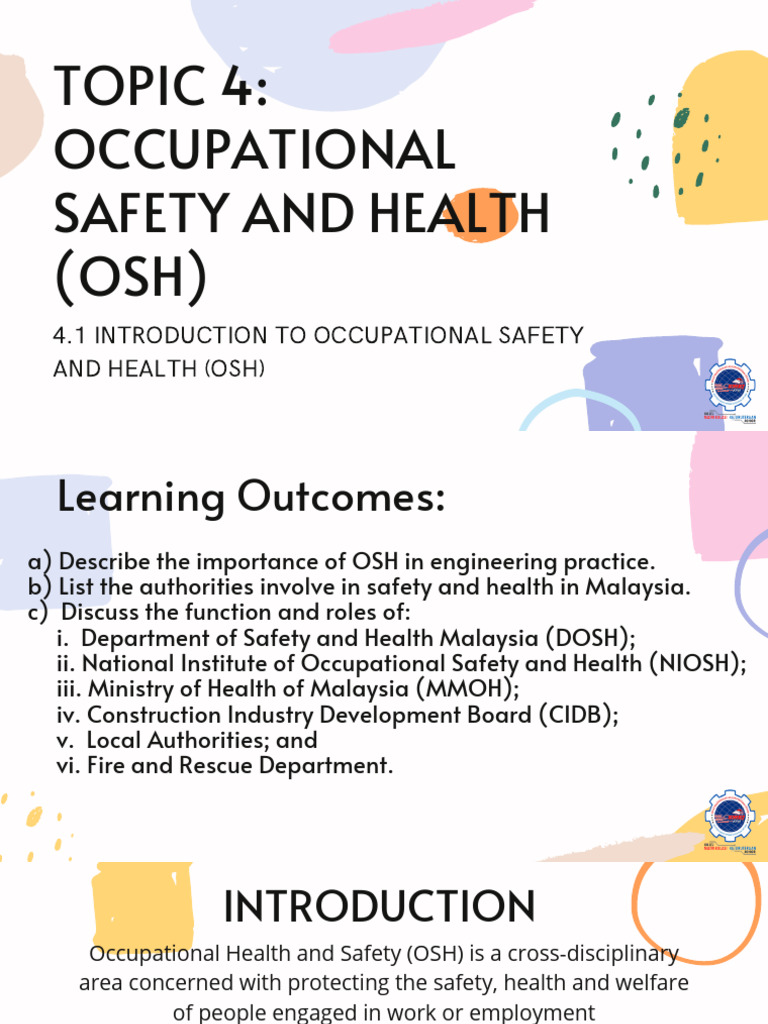 4.1 Introduction To Osh | PDF | Occupational Safety And Health | Workplace