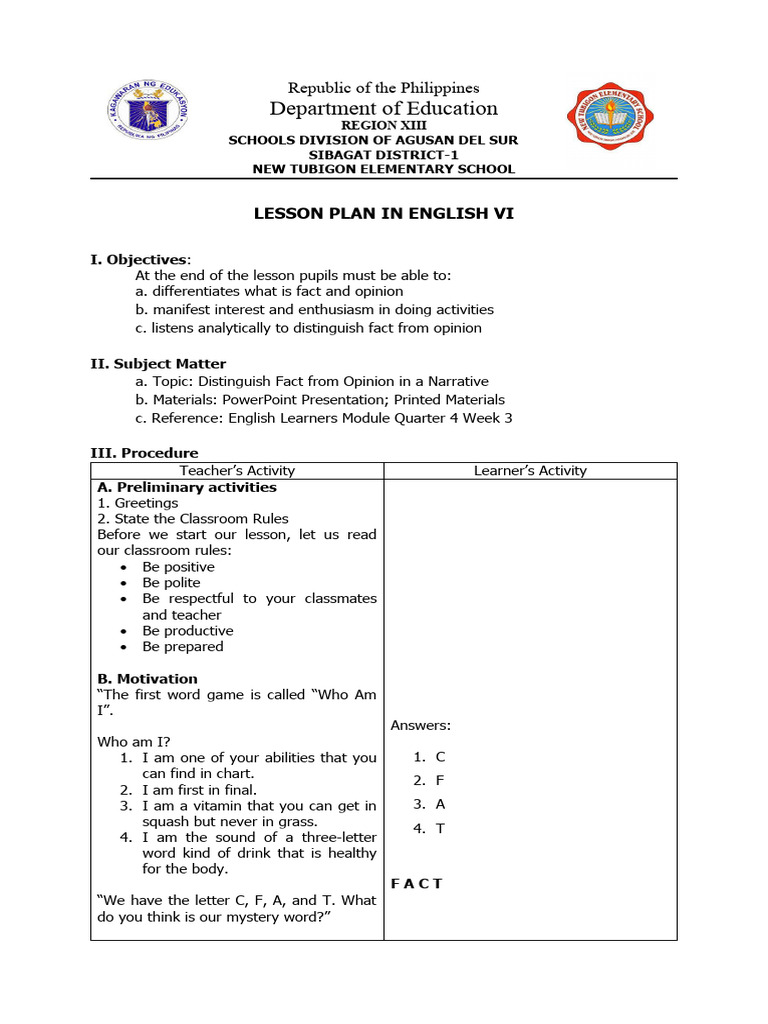 Lesson Plan English 6 | PDF