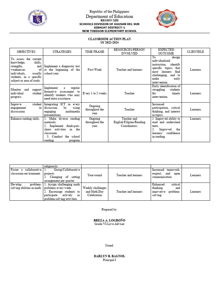 Classroom Action Plan Pdf Learning Teachers