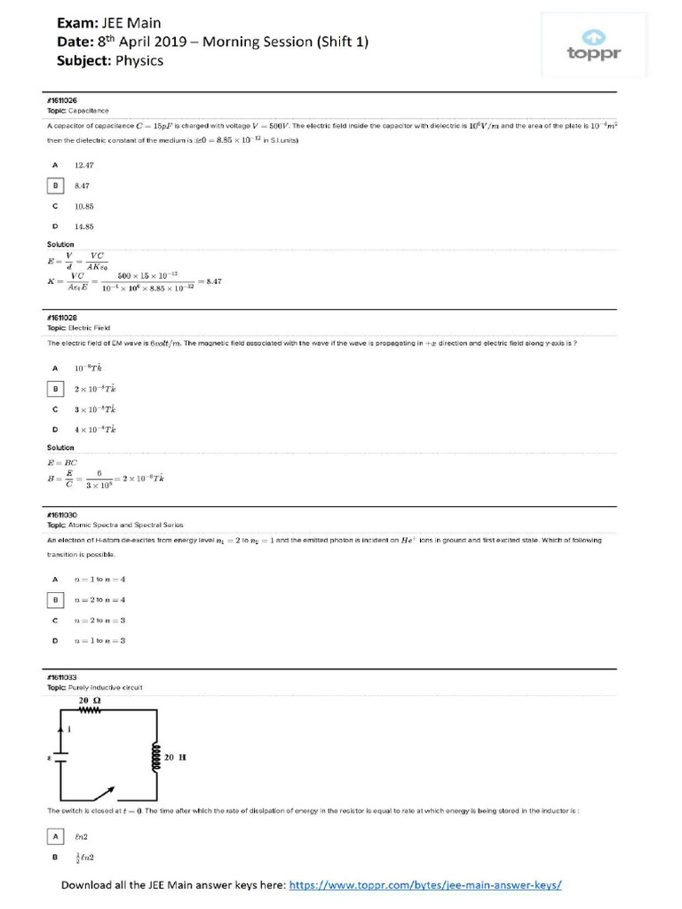 JEE Main Answer Key Physics April 8 Shift 1 | PDF