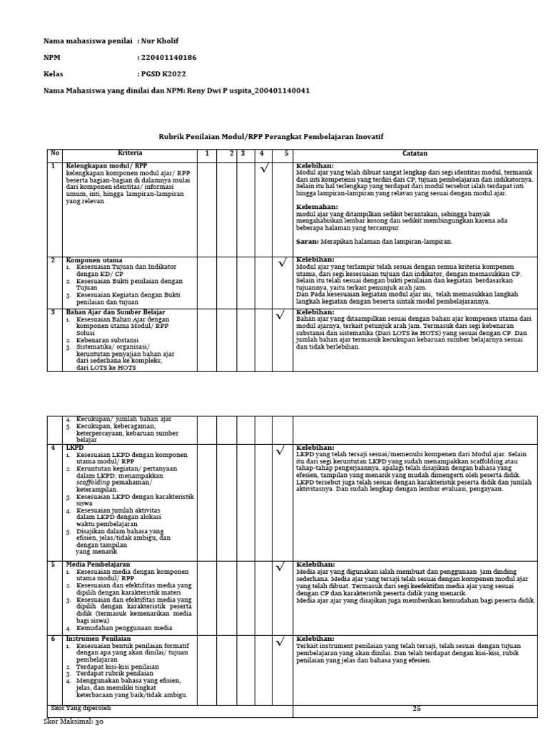 Rubrik Penilaian Modul Ajar-Rpp Perangkat Pembelajaran | PDF
