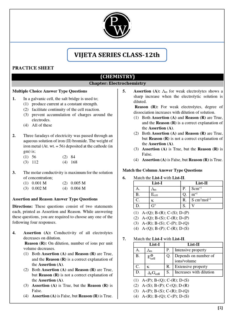 Electrochemistry Practice Sheet Vijeta Series Class 12th Pdf