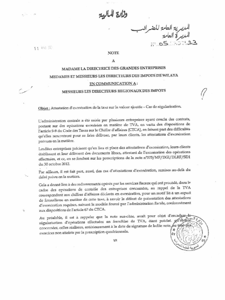 Note 05 DGI 11-05-2023 Attestation D'exonération TVA Cas de ...